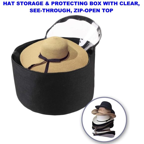 Other | 2 Collapsible Fabric Hat Storage Box Large Round Black Clear ...